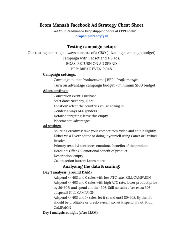 Ecom Manash Facebook Ad Strategy Cheat Sheet | PDF | Business Economics | Business