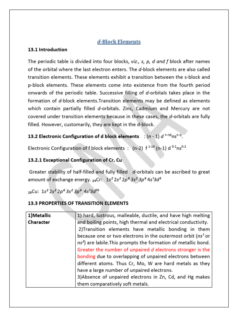 D Block Elements Edited Notes 2022 | PDF | Transition Metals ...