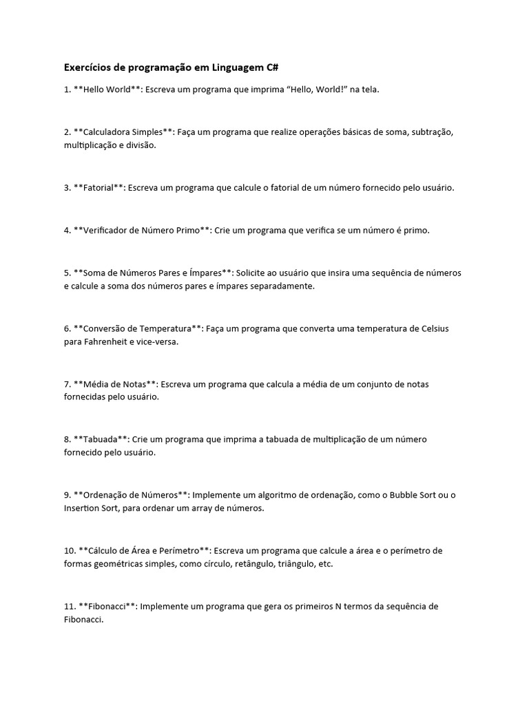 Exercícios em Linguagem C# para Iniciantes 2024 | PDF | Algoritmos ...