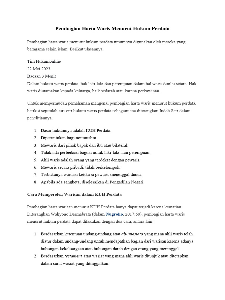 Pembagian Harta Waris Menurut Hukum Perdata | PDF