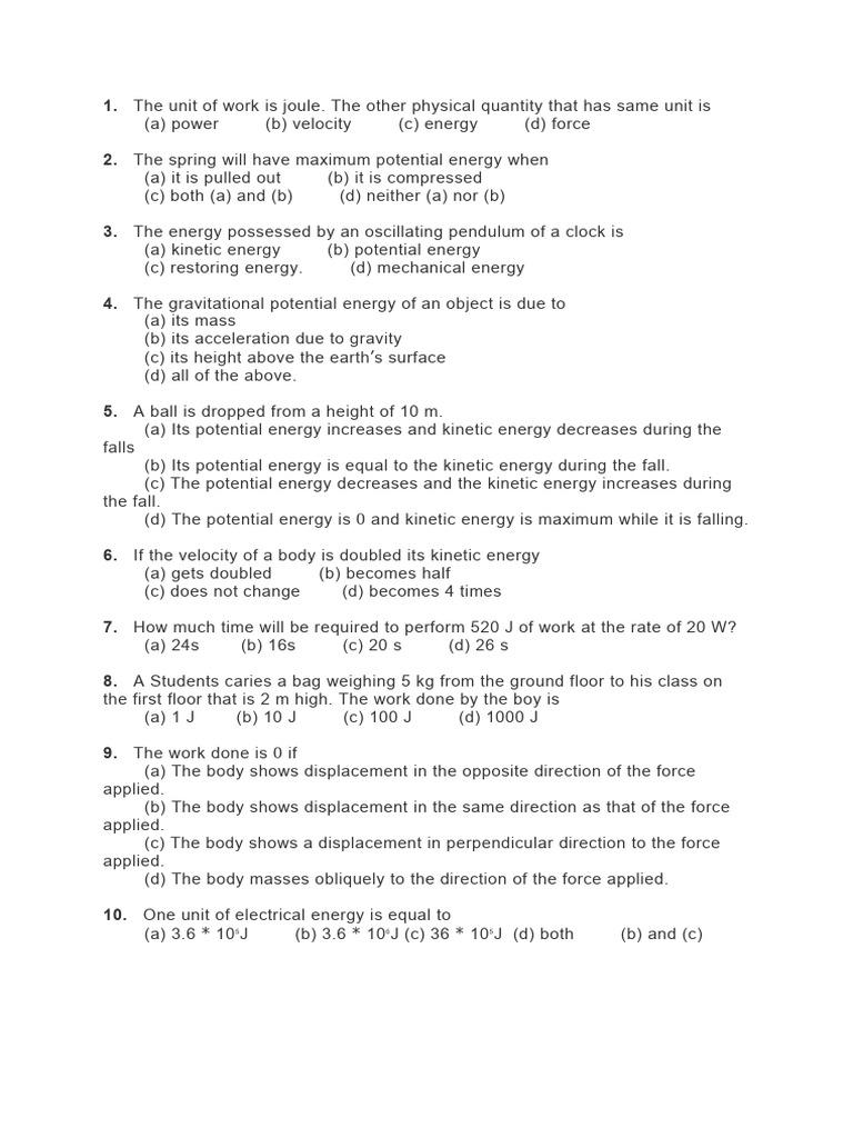 Energy Concepts and Calculations Quiz | PDF | Potential Energy ...