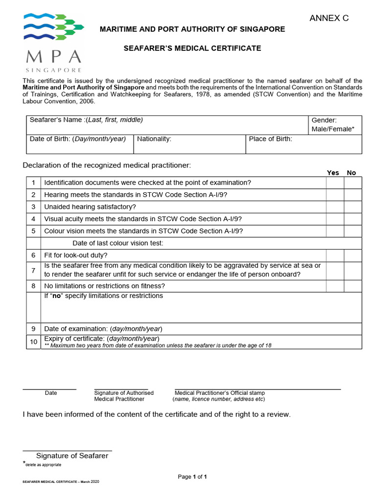 Singapore - Seafarers Medical Certificate | PDF