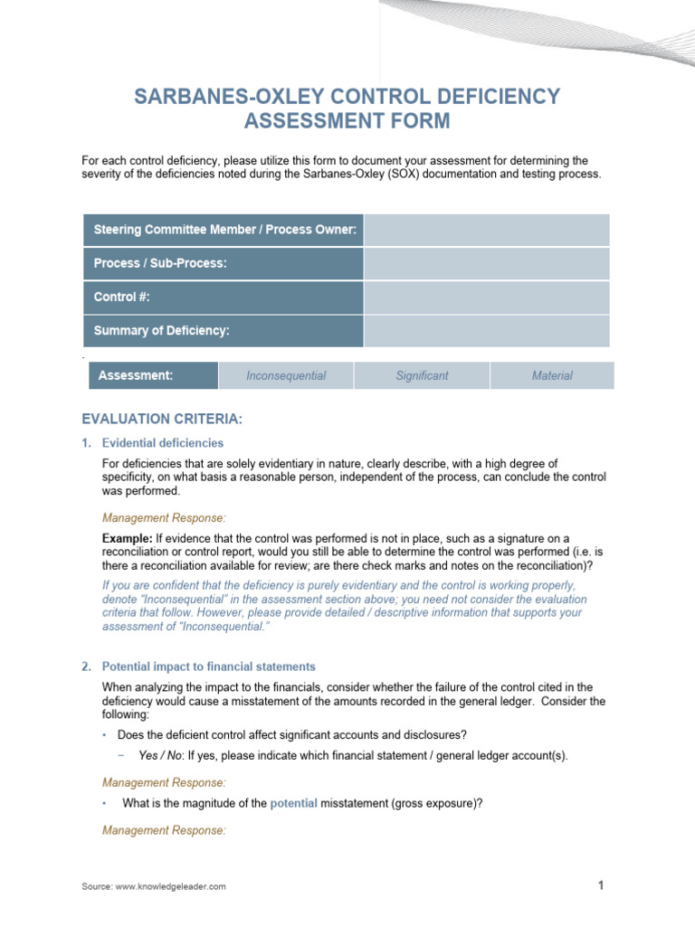 SOX Control Deficiency Assessment Form | PDF | Audit | Business