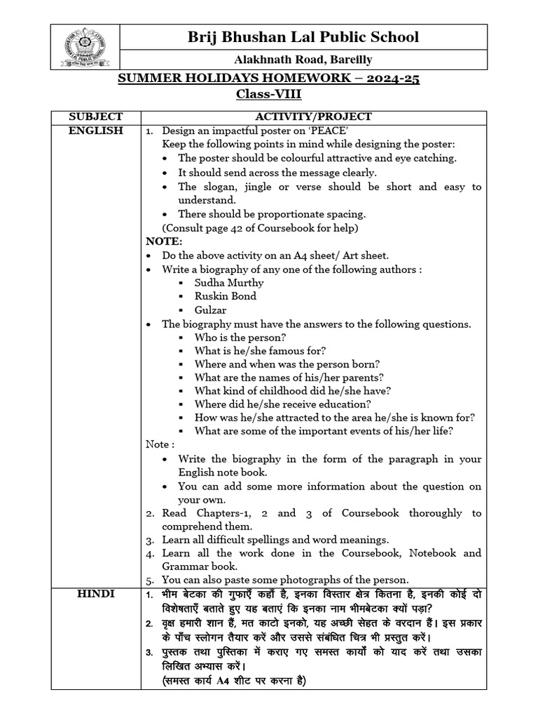 Class-VIII Summer Holiday Homework | PDF