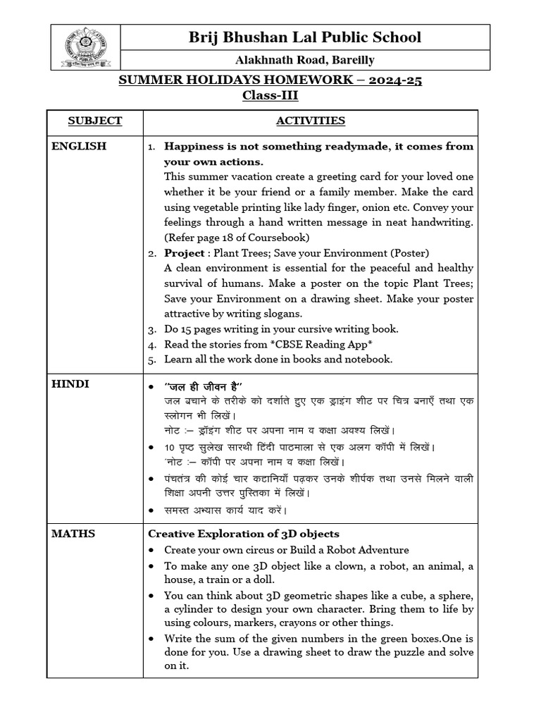 Class-III Summer Holiday Homework | PDF