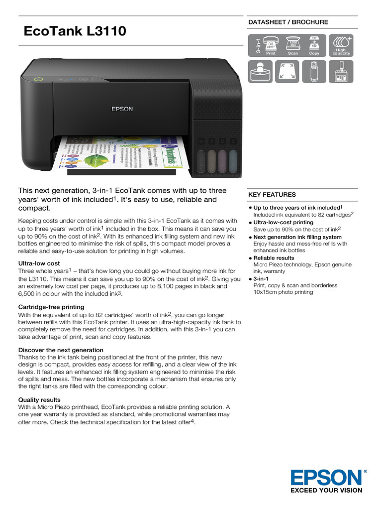 EcoTank L3110 Datasheet | PDF | Image Scanner | Printer (Computing)