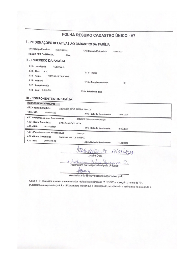 Folha Resumo Cadastro Único - V7 | PDF