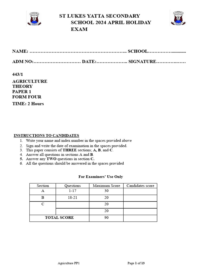 ST Lukes Yatta Secondary School 2024 April Holiday Agri PP1 | PDF | Agriculture | Food Industry
