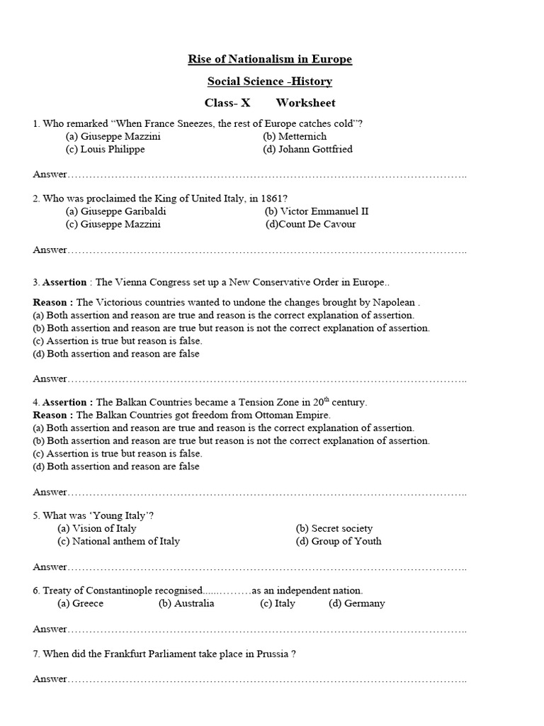 Rise of Nationalism in Europe-Worksheet-X | PDF | Europe | Nationalism