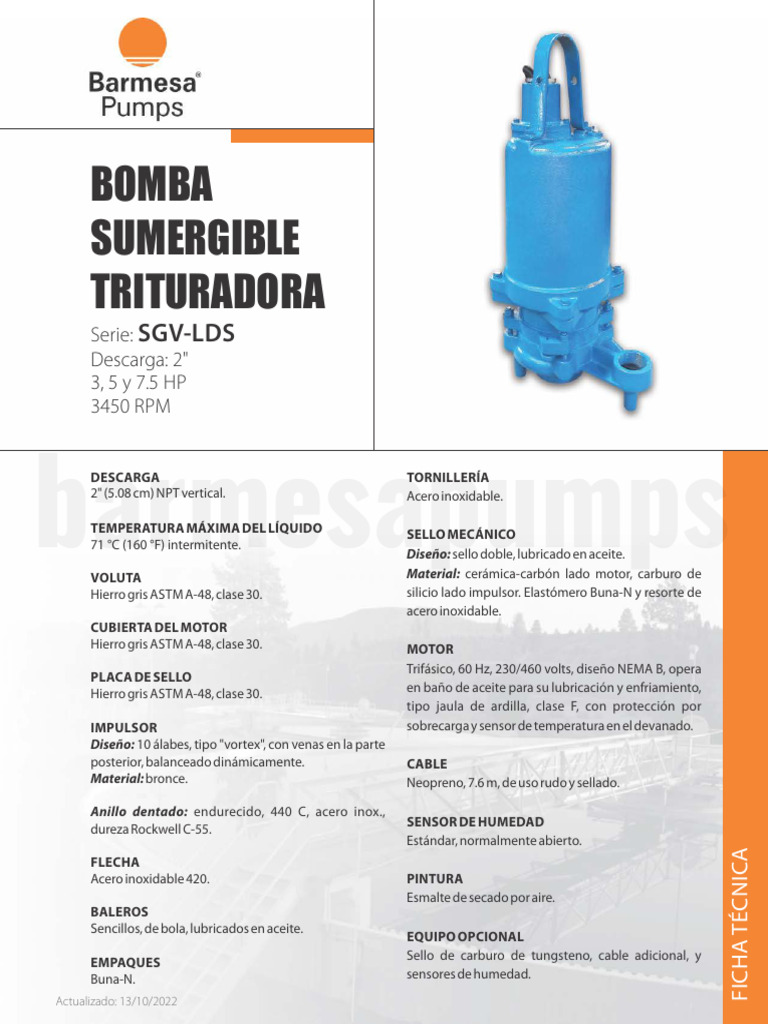 Ficha Tecnica Bomba Sumergible Trituradora Barmesa | PDF | Acero