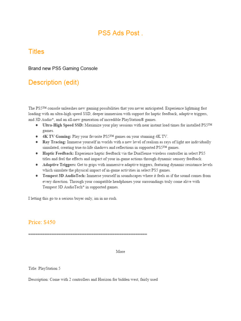 PS5 Ads Post - Titles: Brand New PS5 Gaming Console | PDF | Electronic Toys | Gaming