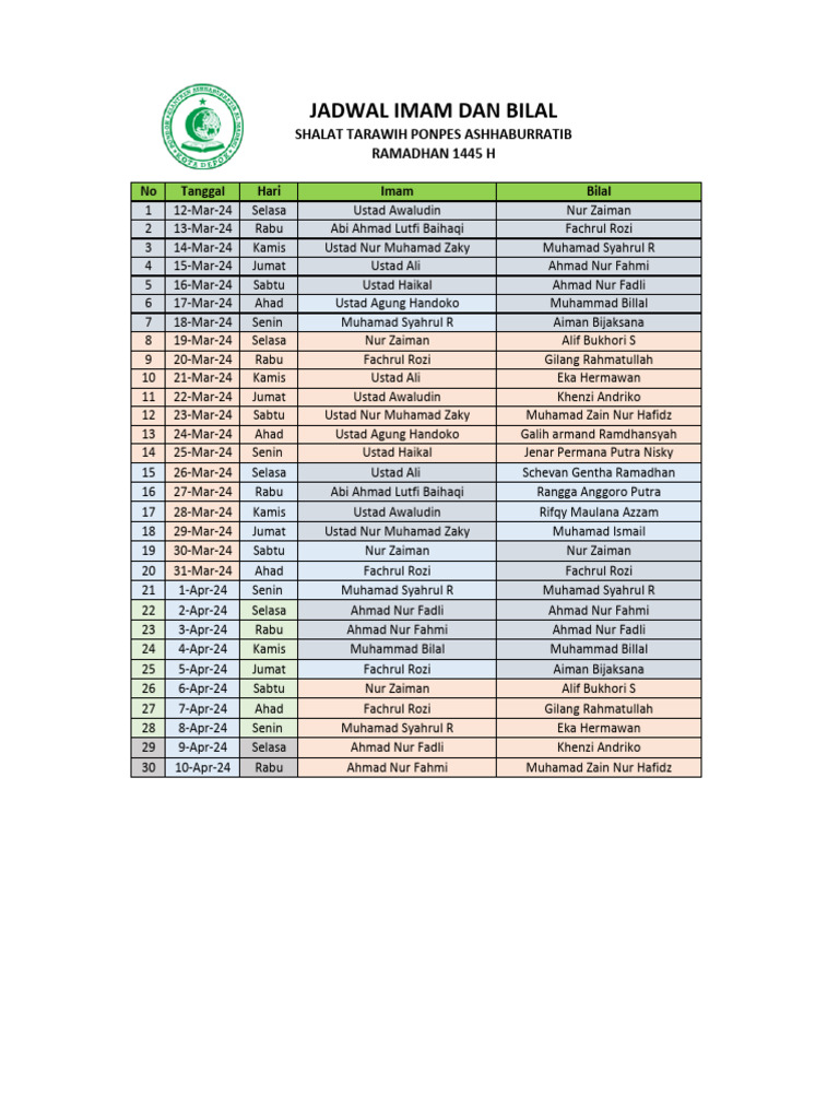 Jadwal Imam Tarawih 2024 | PDF | Sharia