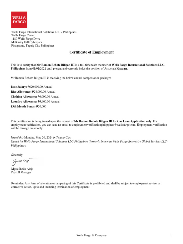 Wells Fargo Employment Verification Certificate | PDF | Business ...