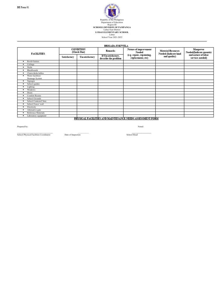BE Form 1 - PHYSICAL FACILITIES AND MAINTENANCE NEEDS ASSESSMENT FORM | PDF