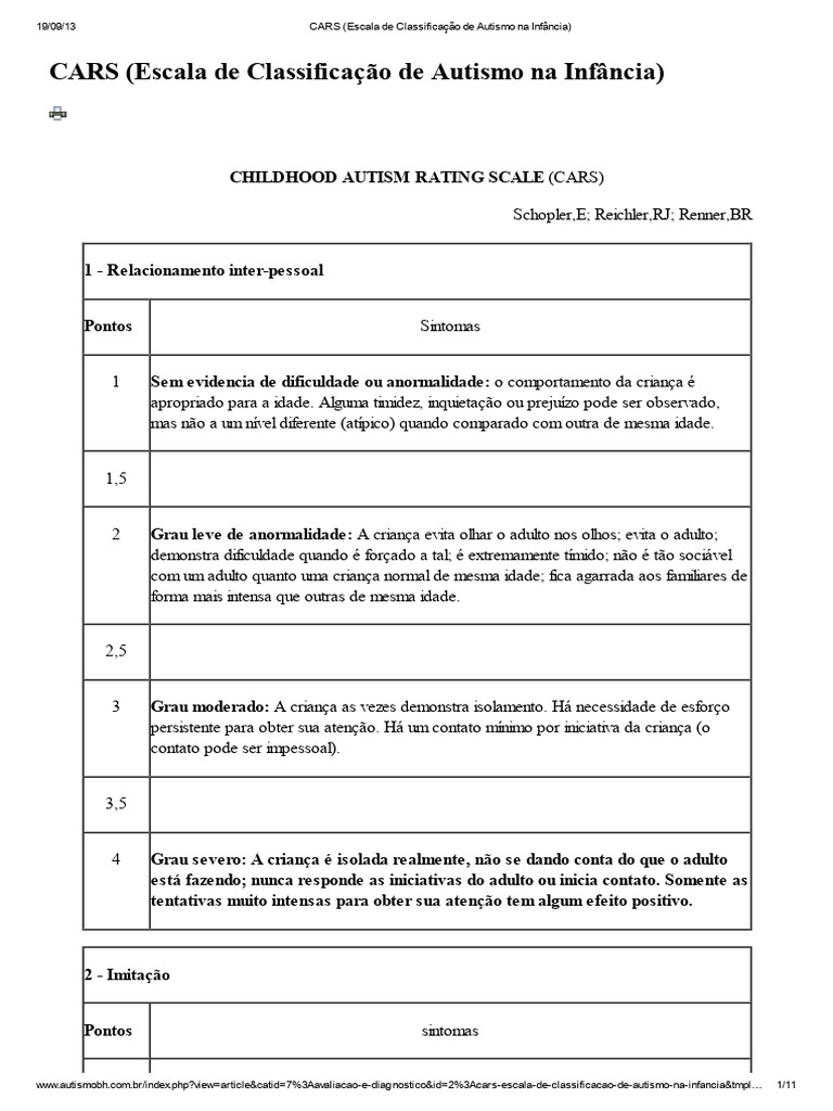 Escala CARS: Avaliação do Autismo Infantil | PDF | Espectro do autismo ...