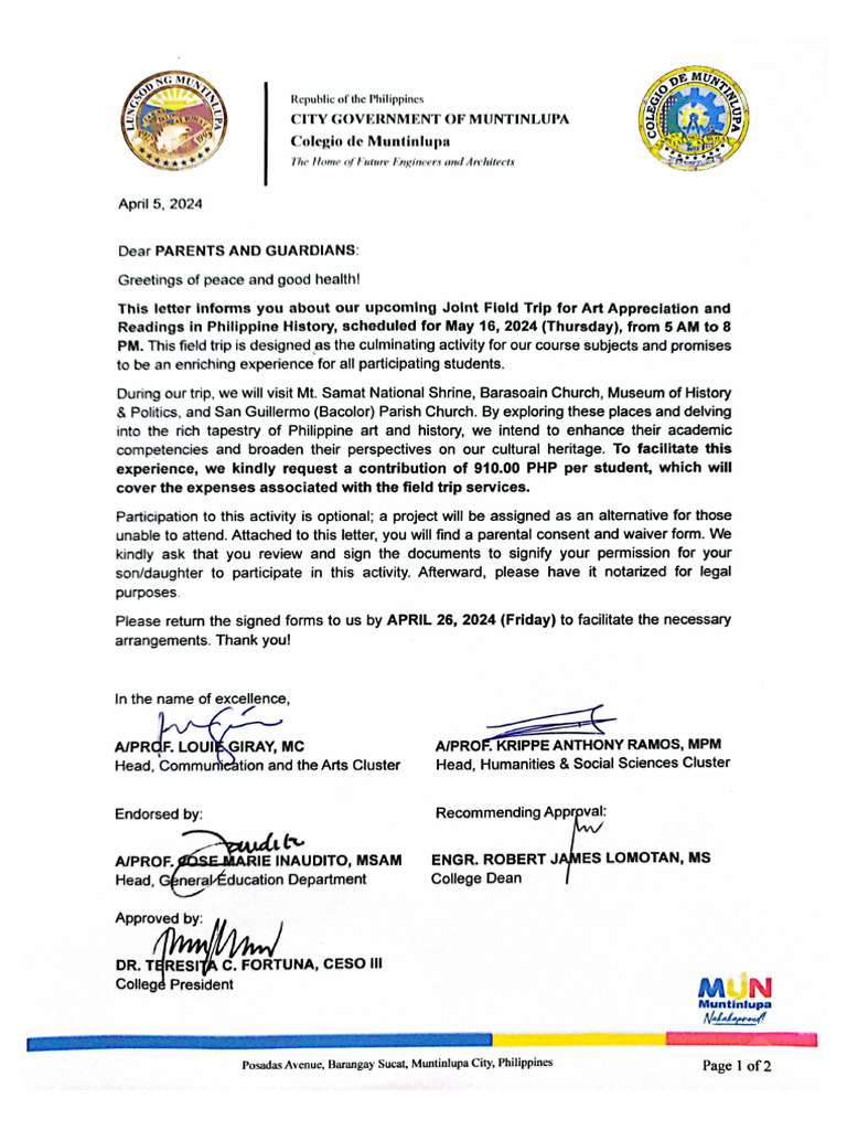 Letter and Waiver for Field Trip | PDF