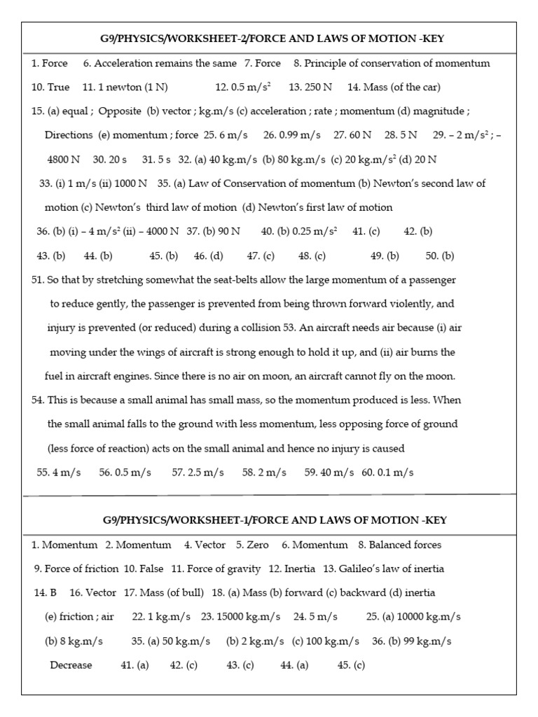 Grade 9 Forces and Laws Motion Worksheet 2 Answer Key | PDF | Force ...