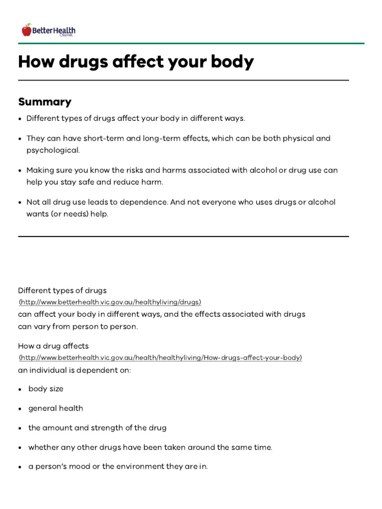 How Drugs Affect Your Body - Better Health Channel | PDF | Substance ...