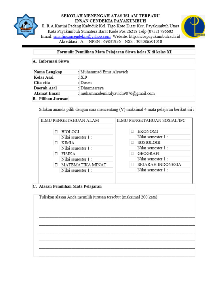 Formulir Pemilihan Mata Pelajaran Siswa Kelas X Di Kelas XI | PDF