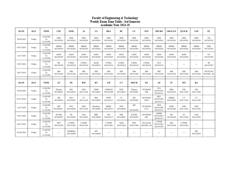 3rd Semester Weekly Exam Schedule 2024 Pdf