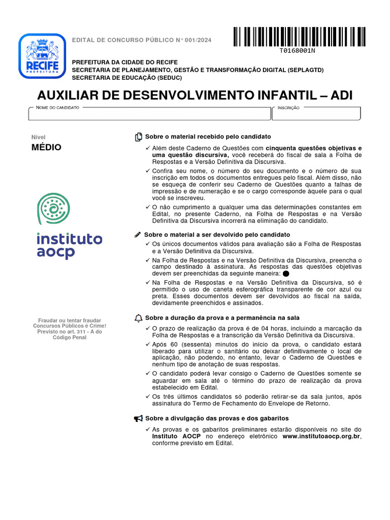 Edital Concurso ADI Recife 2024 | PDF | Tempo | Psicologia