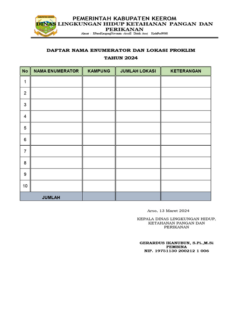 Daftar Nama Enumerator Proklim Tahun 2024 | PDF