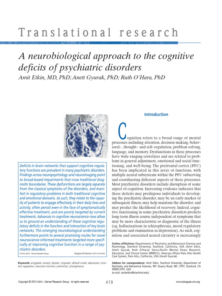 A Neurobiological Approach To The Cognitive Deficits of Psychiatric ...