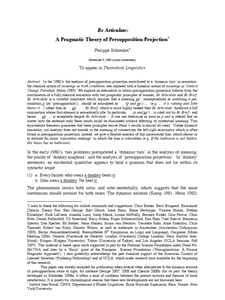 A Pragmatic Theory of Presupposition Projection: Be Articulate | PDF ...