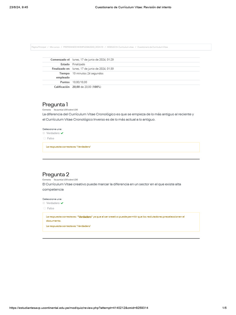Cuestionario de Currículum Vitae - Revisión Del Intento | PDF | Negocios