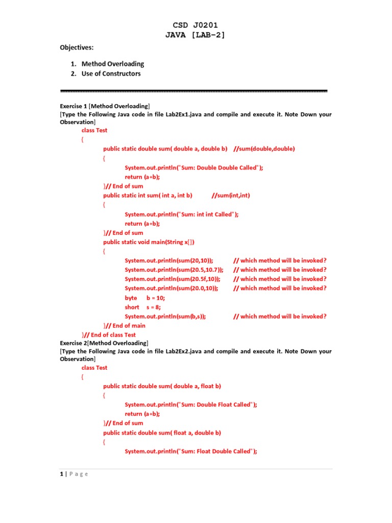 Csd J0201 Java Lab 2 Objectives 1 Method Overloading 2 Use Of Constructors Pdf Method