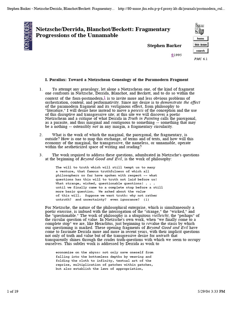 Stephen Barker - Nietzsche-Derrida, Blanchot-Beckett - Fragmentary Progressions Of The Unnamable ...