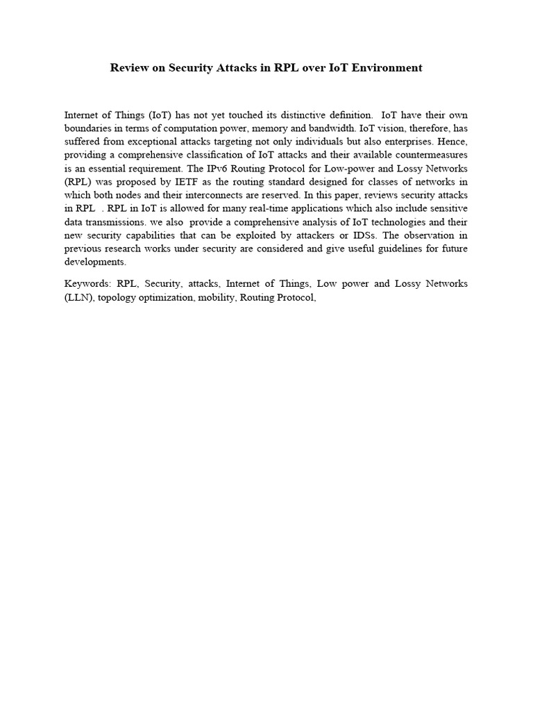 Review On Security Attacks In Rpl Over Iot Environment Pdf Technology And Engineering 
