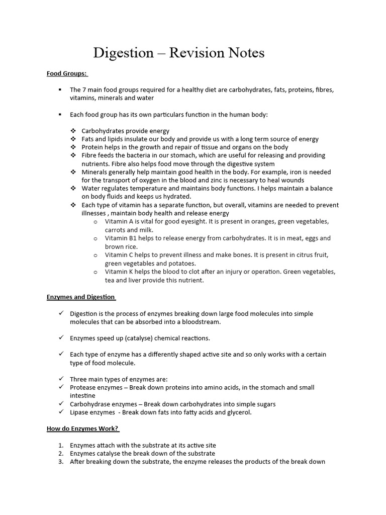 Digestion Revision Notes | PDF | Digestion | Foods