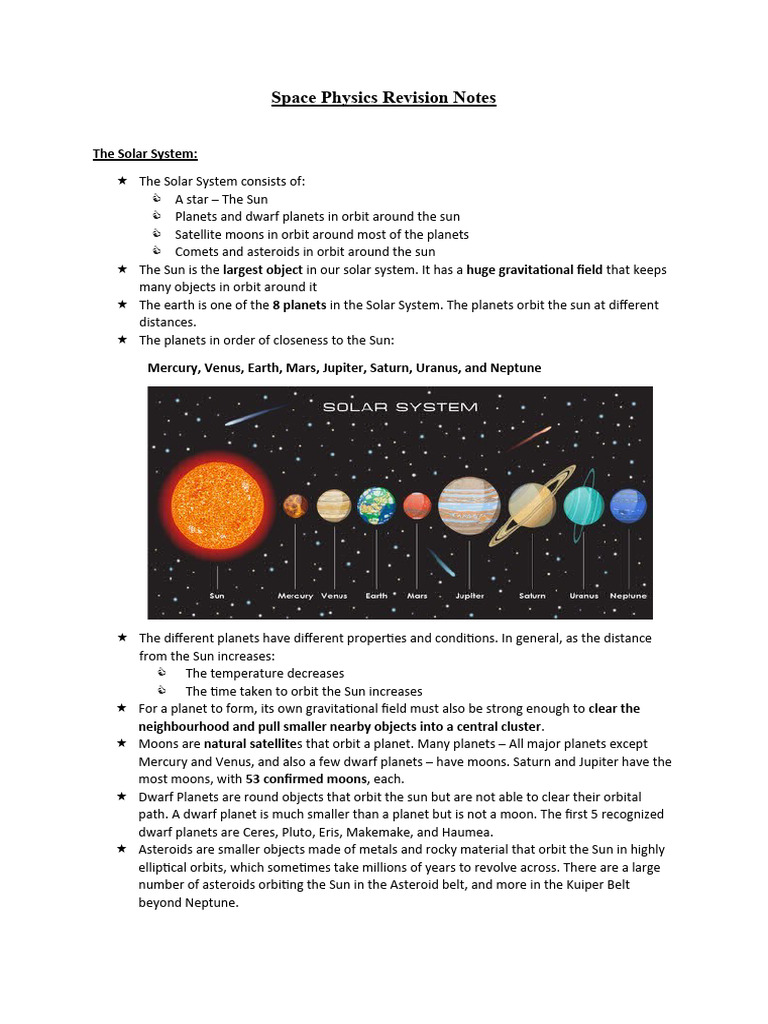 Space Physics Revision Notes | PDF | Planets | Natural Satellite