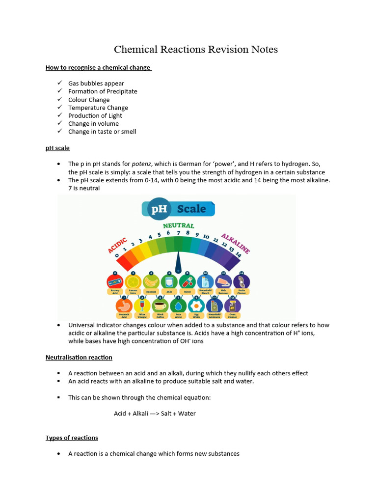 Chemical Reactions Revision Notes | PDF | Chemical Reactions | Acid