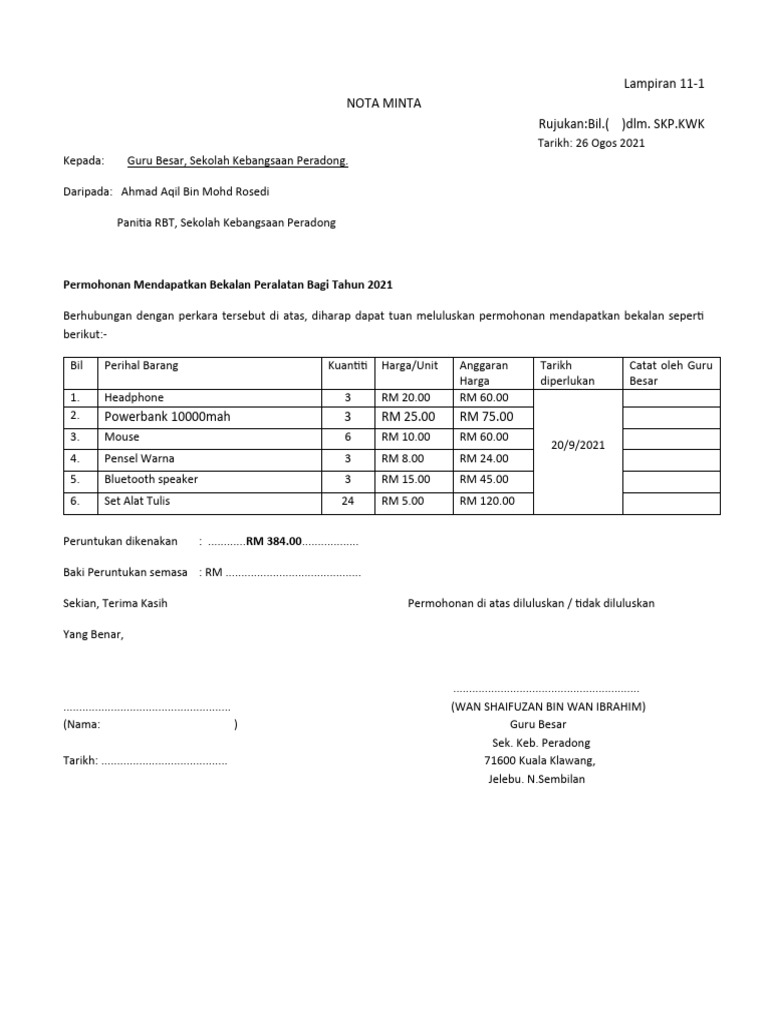 nota minta pertandingan rbt | PDF
