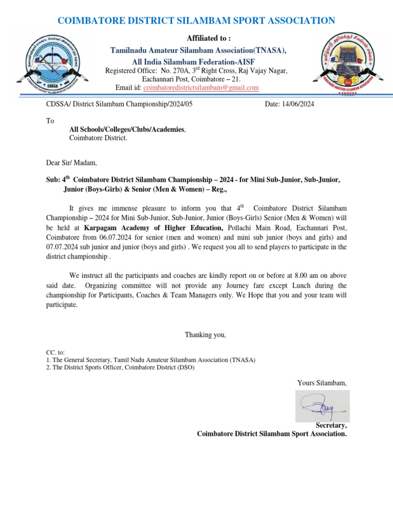 COIMBATORE DISTRICT SILAMBAM SPORT ASSOCIATION invitation letter 24-25 ...