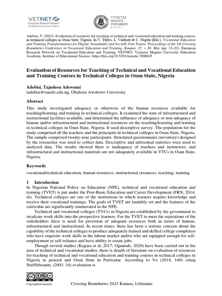 Adebisi CB2023 Evaluation of Resources | PDF | Vocational Education | Survey Methodology