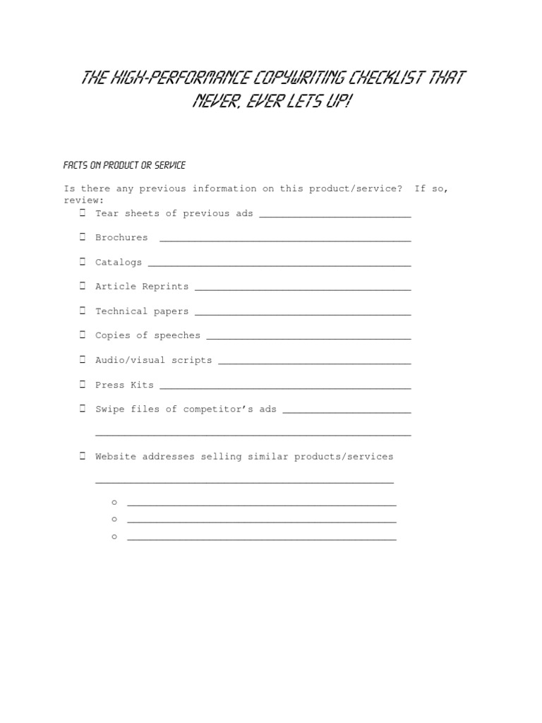 Copywriting Research Checklist | PDF | Happiness | Self Esteem