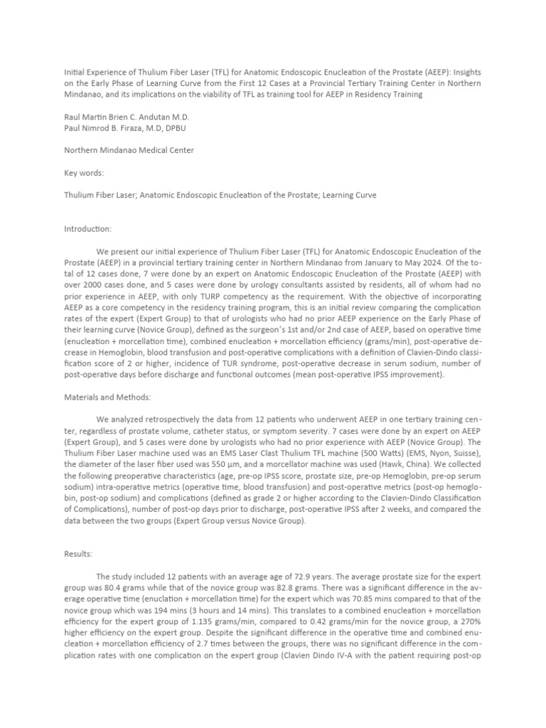 Initial Experience of Thulium Fiber Laser TFL For Anatomic Endoscopic ...