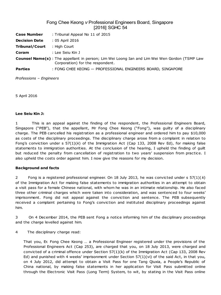 Fong Chee Keong V Professional Engineers Board | PDF | Dishonesty ...