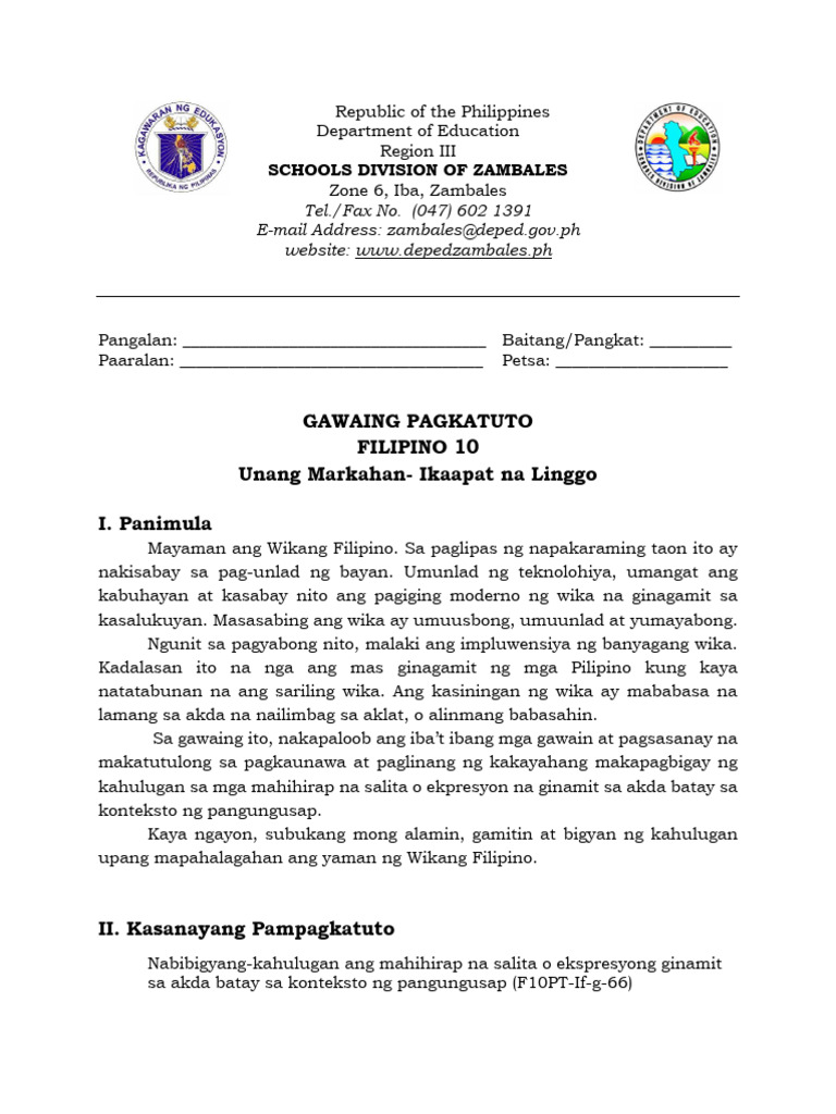 Grade 10 FILIPINO Week 4 LAS | PDF