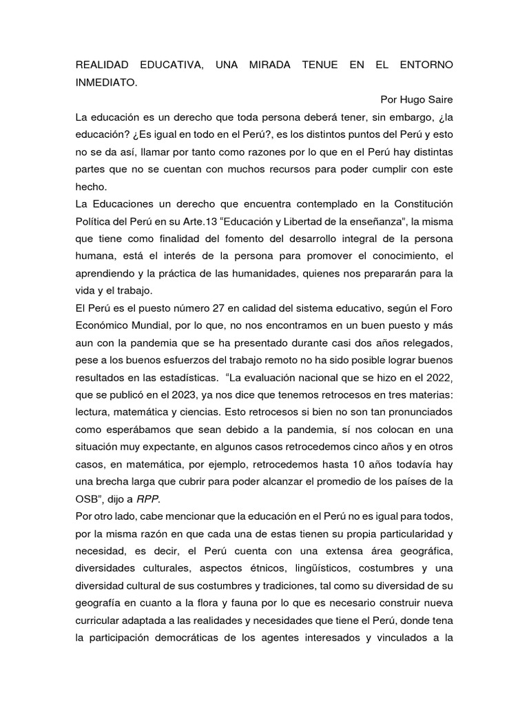 Realidad Educativa, Una Mirada Tenue en El Entorno Inmediato. | PDF ...