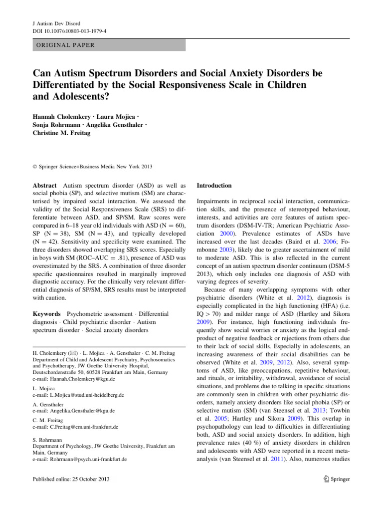 Can Autism Spectrum Disorders and Social Anxiety Disorders Be ... Can Autism Spectrum Disorders and Social Anxiety Disorders Be ...