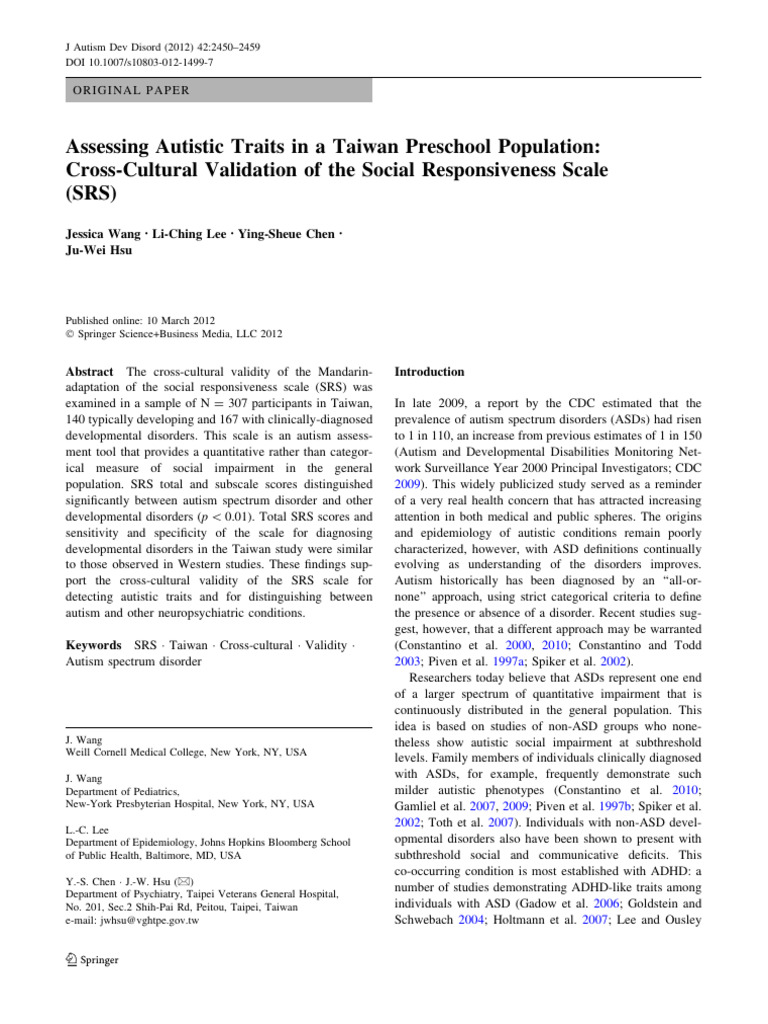 Assessing Autistic Traits in A Taiwan Preschool Population: Cross ...