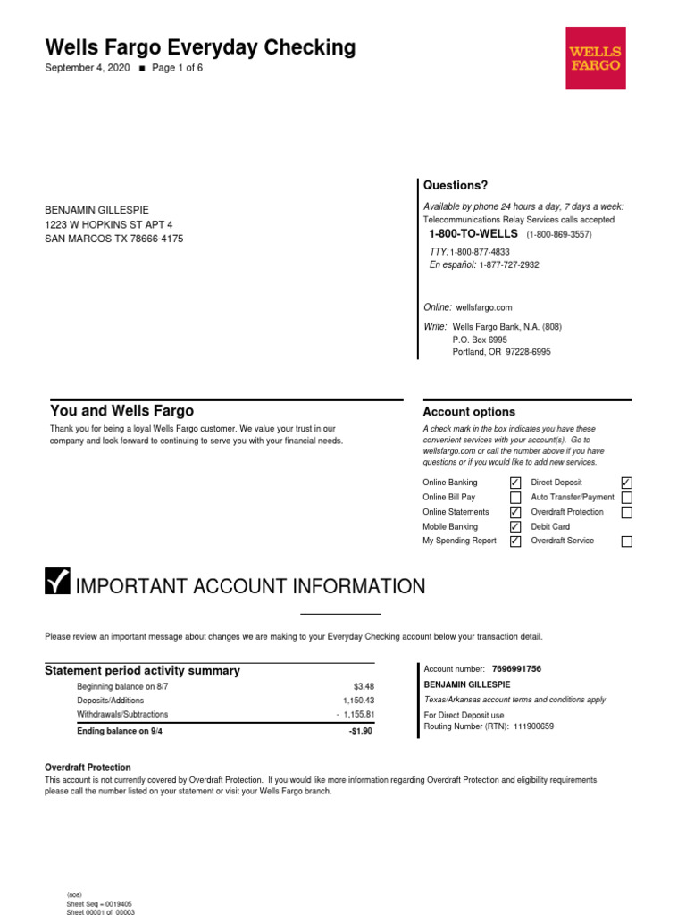 Wells Fargo Everyday Checking: Important Account Information | PDF ...