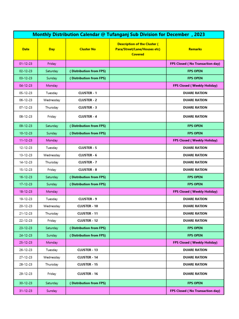 Monthly Distribution Calendar December 2023 | PDF