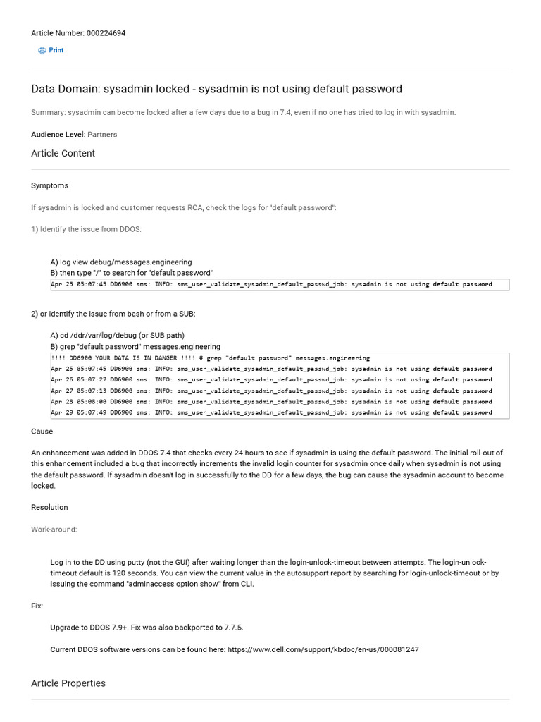 Data Domain - Sysadmin Locked - Sysadmin Is Not Using Default Password - Dell US | PDF ...