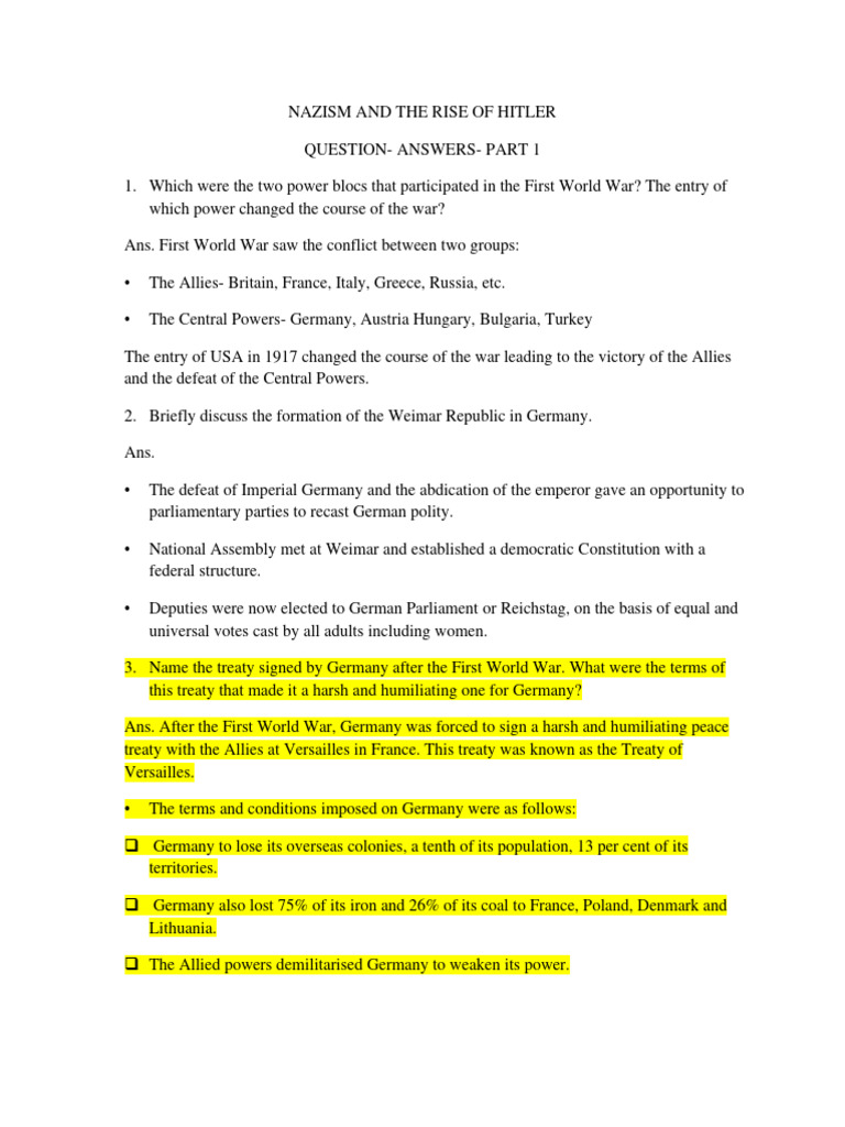 Nazism and The Rise of Hitler - Question - Answers - Part 1 | PDF ...