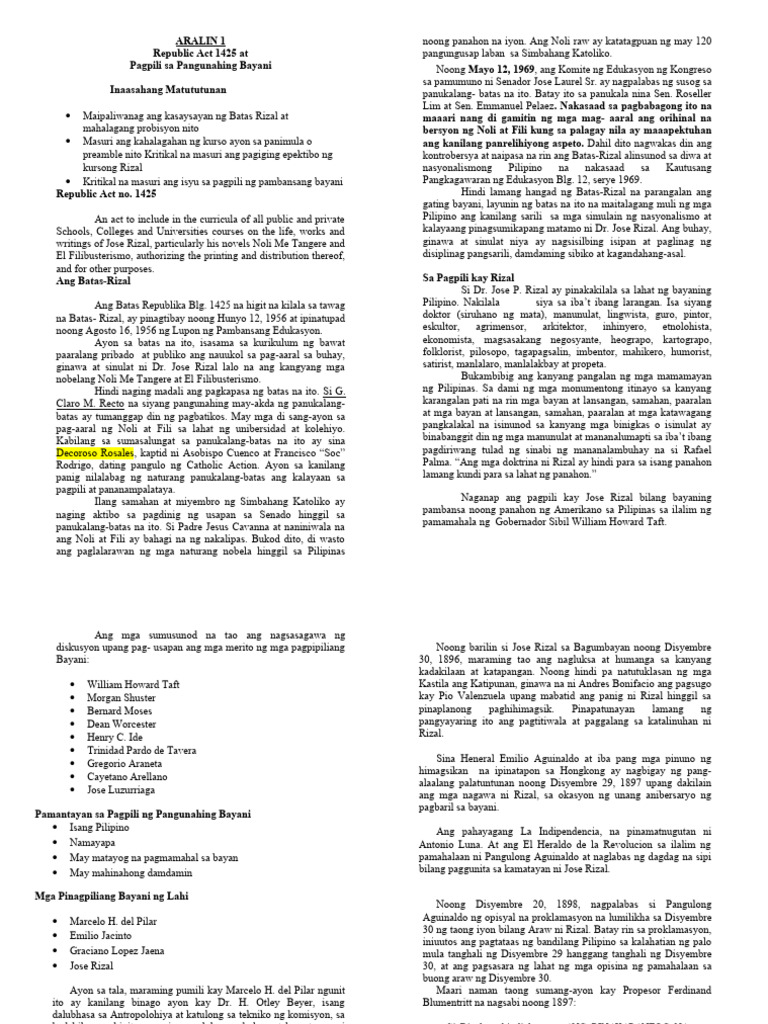 RIZAL KABANATA/ARALIN-1-and-2 | PDF